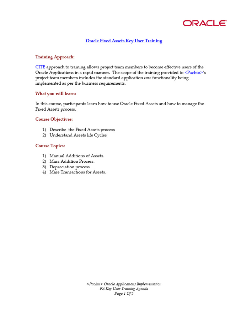 Oracle Fixed Assets Key User Training Agenda | PDF