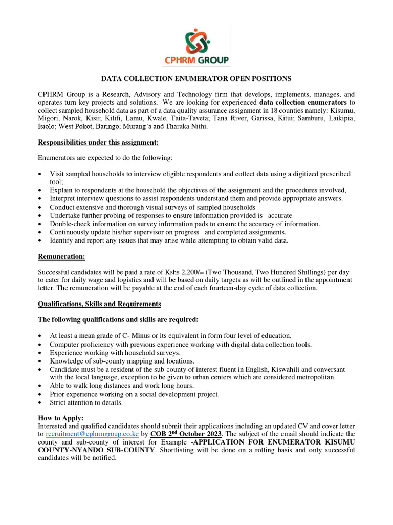 Advert for Recruitment of Field Enumerator Advert_FINAL | PDF