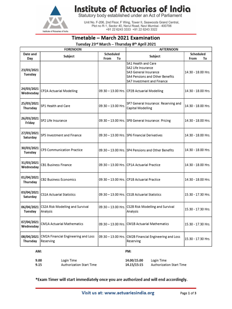 Time Table March 2021 Examination | PDF
