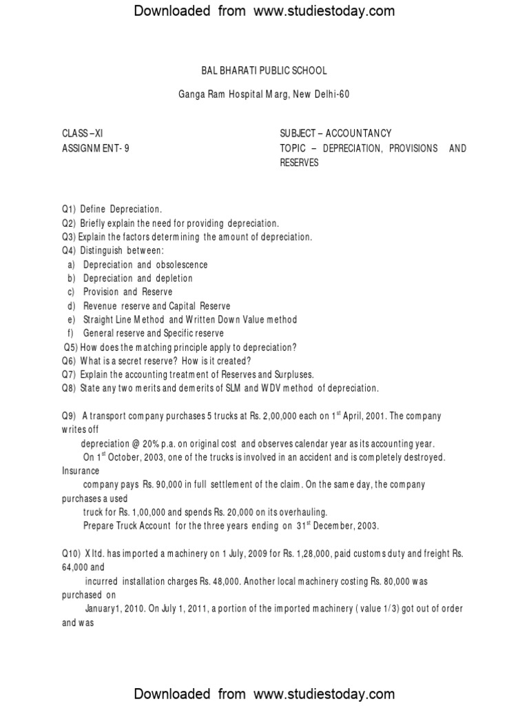 CBSE Class 11 Accountancy Depreciation Provisions and Reserves ...