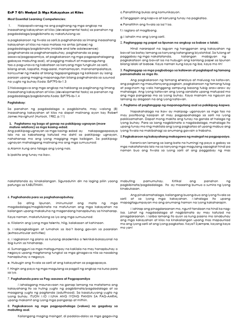 EsP 7 - Q1 - Modyul 2 Outline | PDF