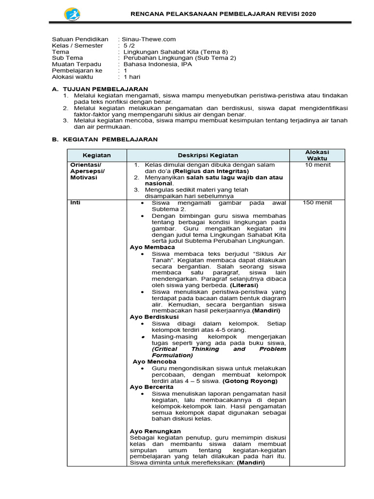 RPP Kelas 5 Tema 8 Subtema 2 | PDF