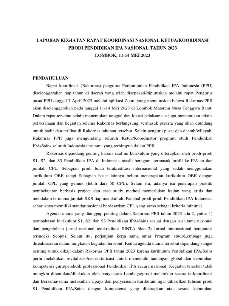 Laporan Kegitan Rakornas PPII 2023 Lombok Mataram | PDF