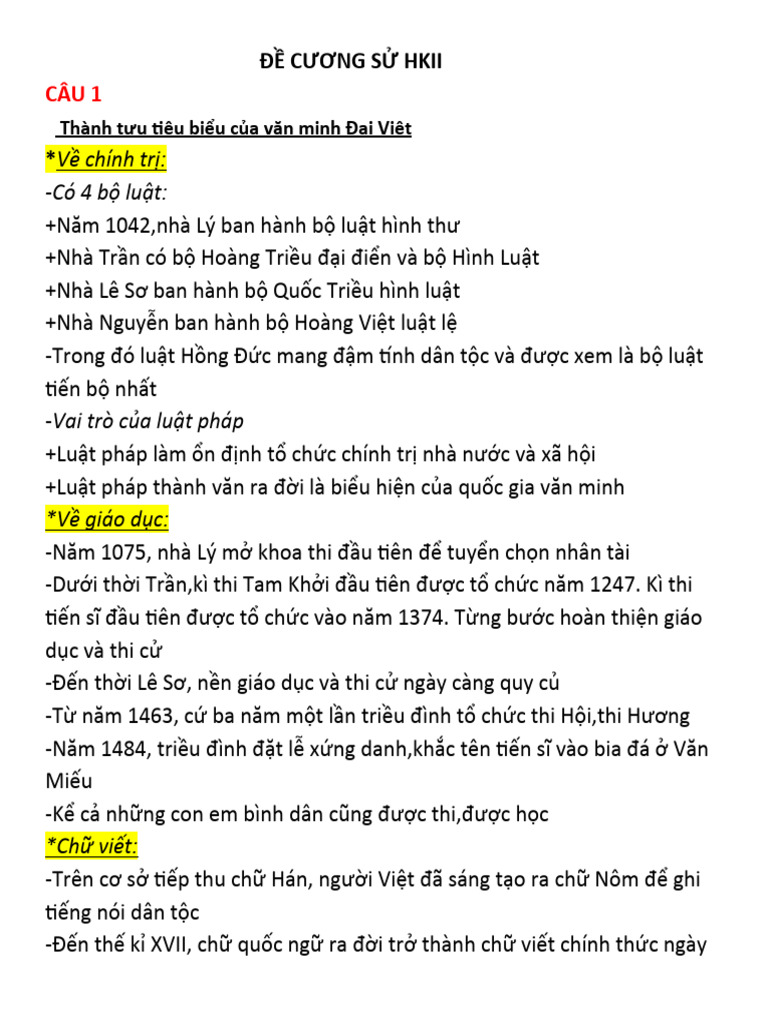 Đề Cương Sử Hkii | PDF