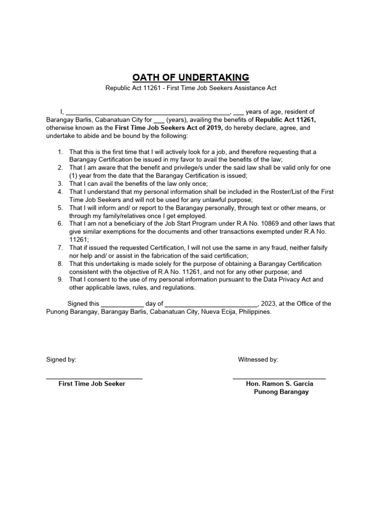 Barangay Oath of Undertaking Template | PDF