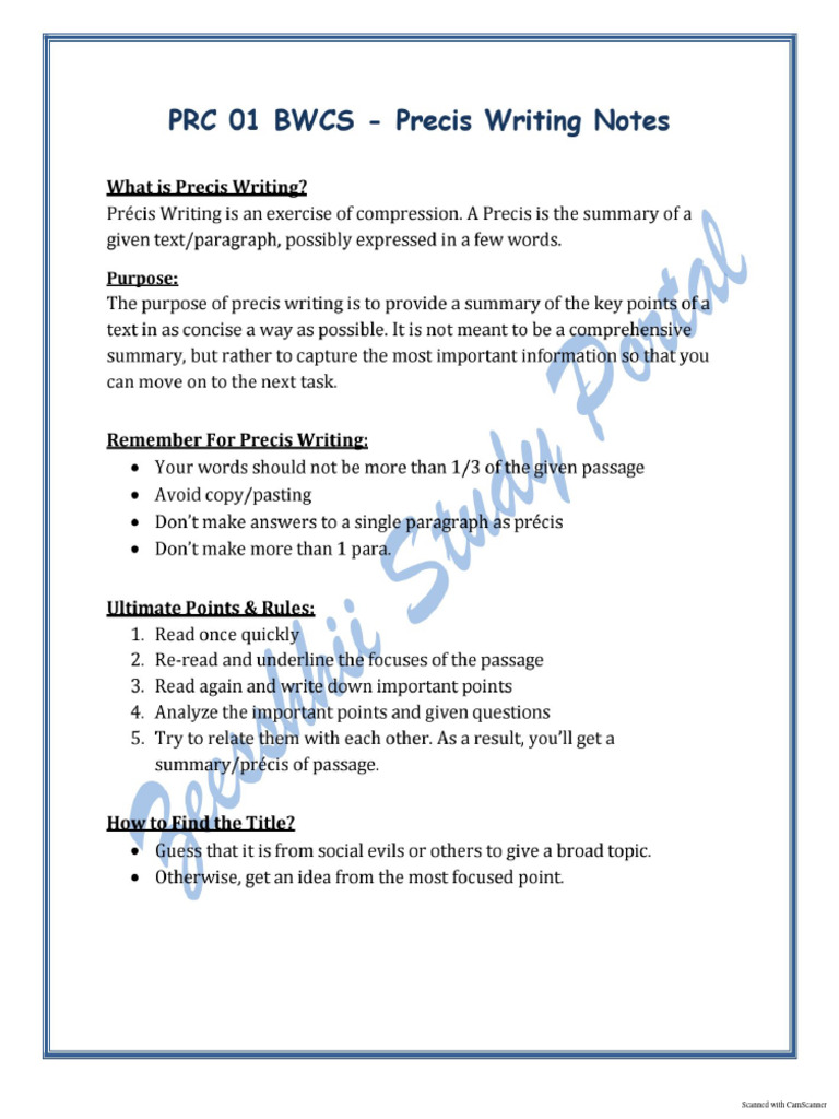 BWCS Precis Writing Notes With Examples by Zeesshhii Study Portal | PDF