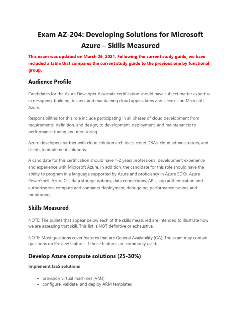 Exam Az 204 Developing Solutions For Microsoft Azure Skills Measured | PDF