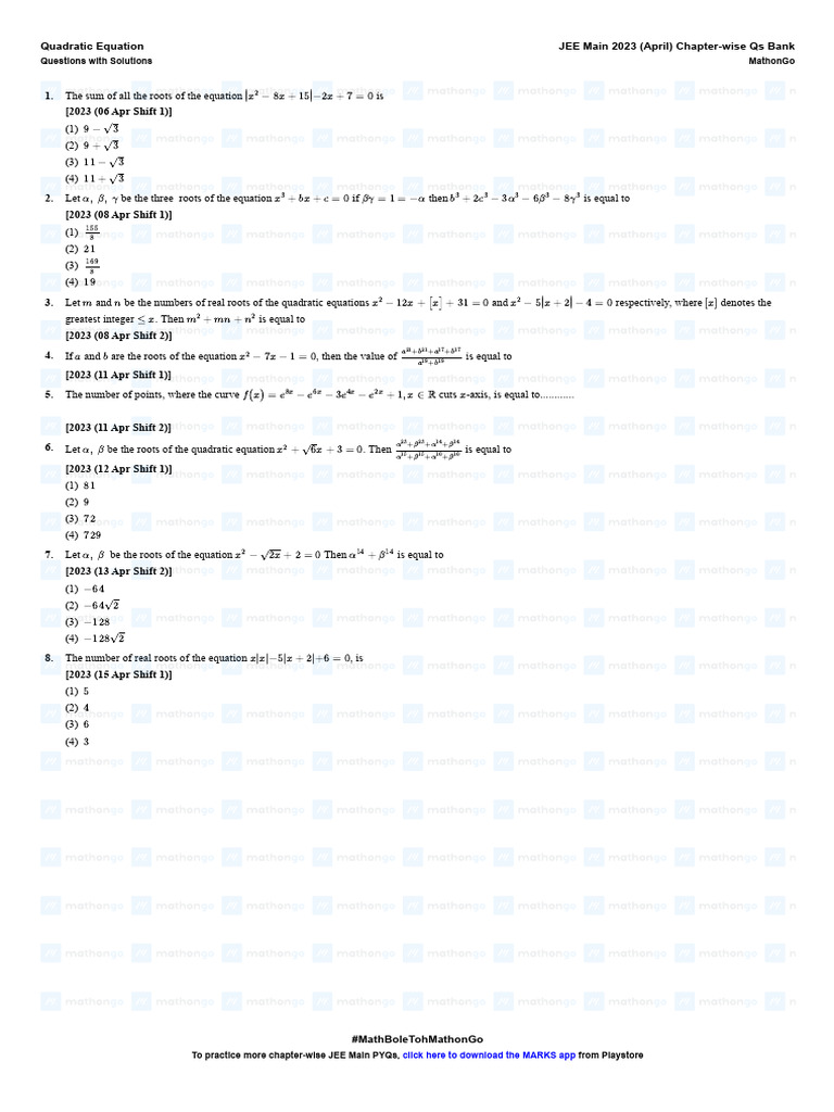 Quadratic Equation - JEE Main 2023 April Chapterwise PYQ - MathonGo ...
