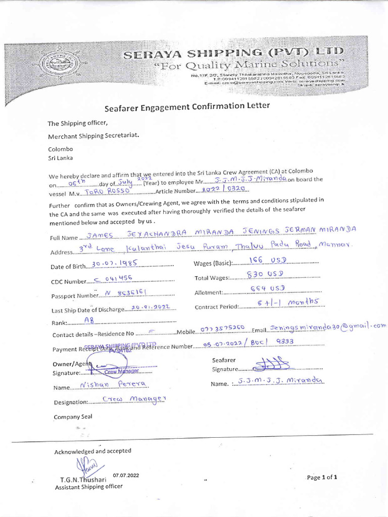 Seafarerengagementconfirmationletter: The Merchant Secretariat' | PDF