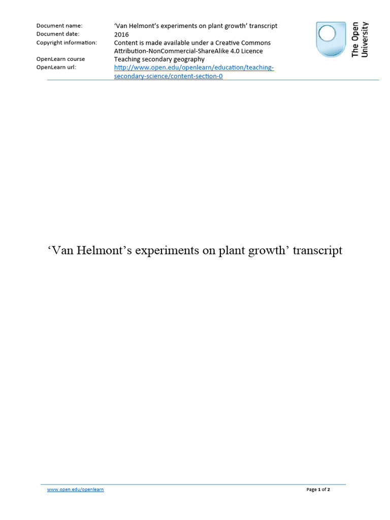 Van Helmonts Experiments On Plant Growth Transcript | PDF | Trees | Soil
