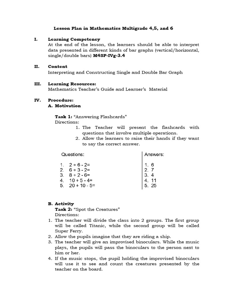 4 A's Lesson Plan in Mathematics 456 COT | PDF