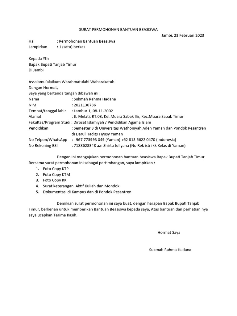 Surat Permohonan Bantuan Beasiswa | PDF