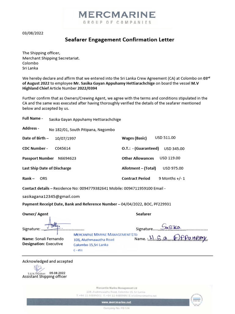 Seafarer Engagement Confirmation Letter: The Shipping Officer, Merchant ...