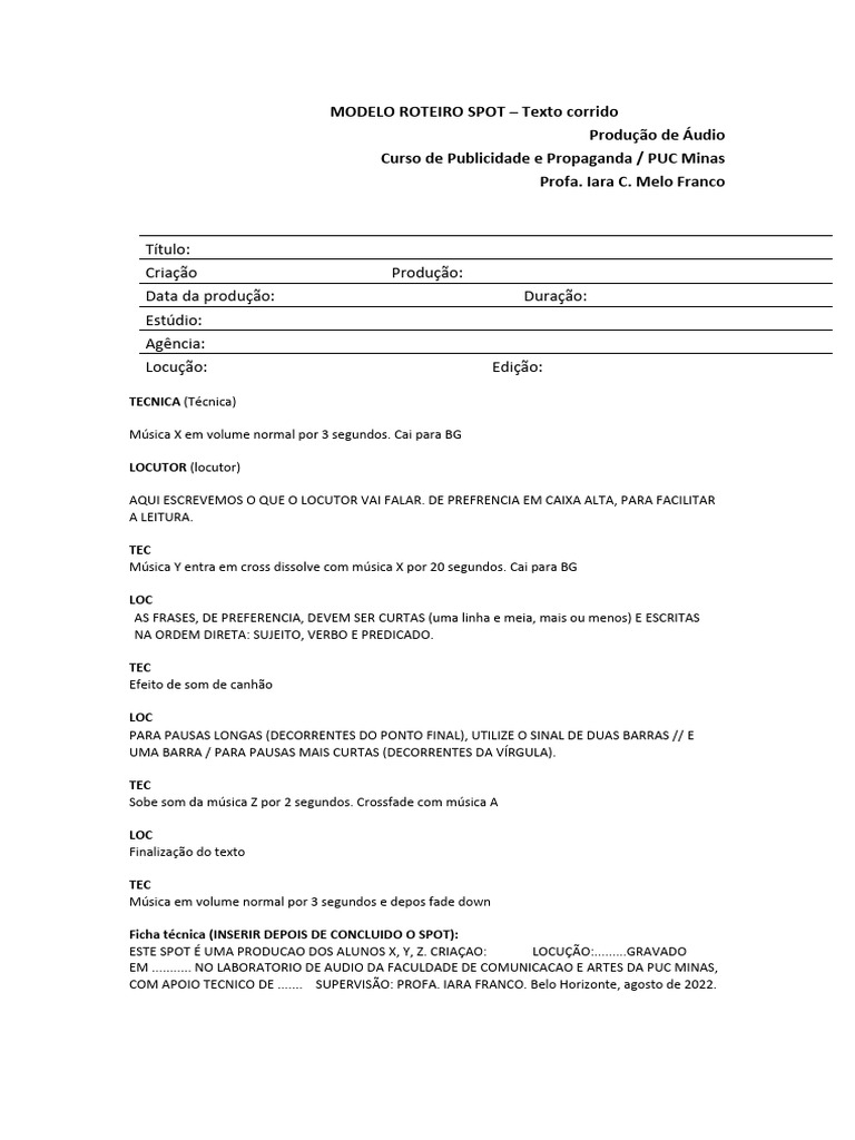 Roteiro de Spot Publicitário Acadêmico | PDF