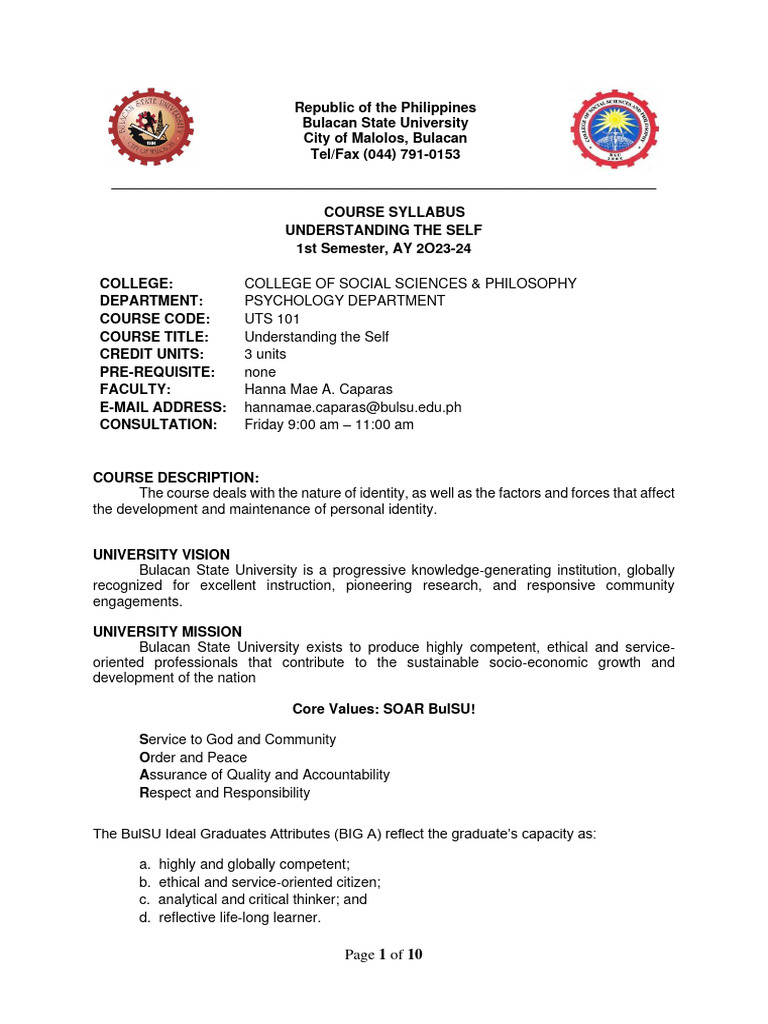 UTS 101 - Syllabus (1st Sem SY 2023-24) | PDF