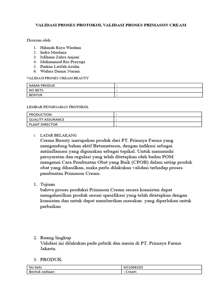 Validasi Proses Protokol Validasi Proses Primason Cream | PDF