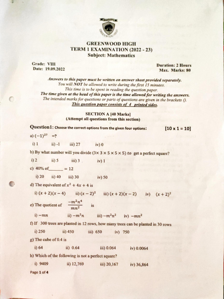 Grade 8 2022-23 Term 1 Examination- Mathematics | PDF