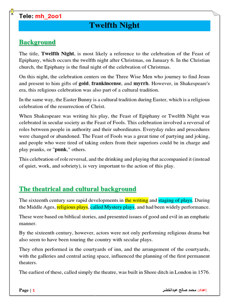 ملخـص الليلة االثانية عشر | PDF | Twelfth Night