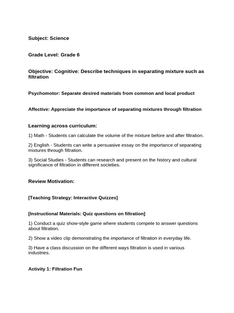 Lesson Plan | PDF | Filtration | Learning