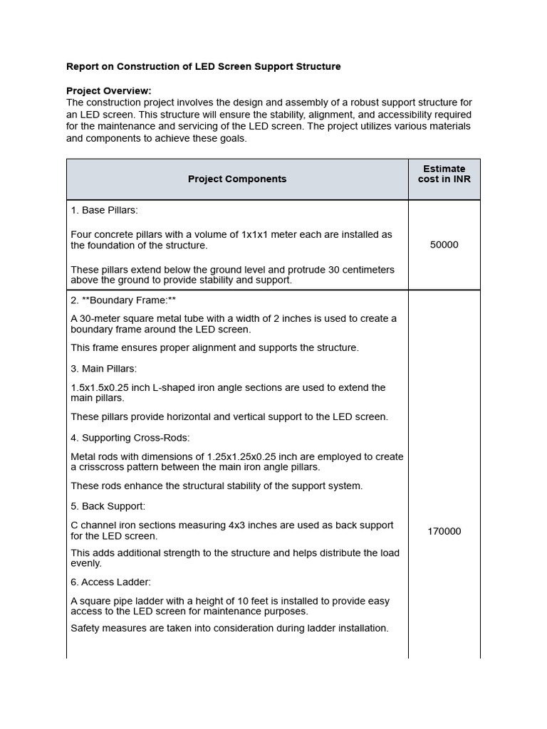 Report On Construction of LED Screen Support Structure | PDF | Column ...