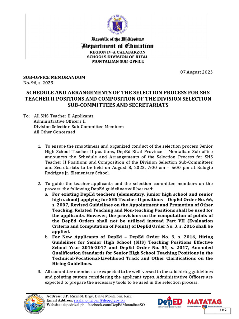 Sub Office Memorandum 96 Selection Process of Teacher II Applicants ...