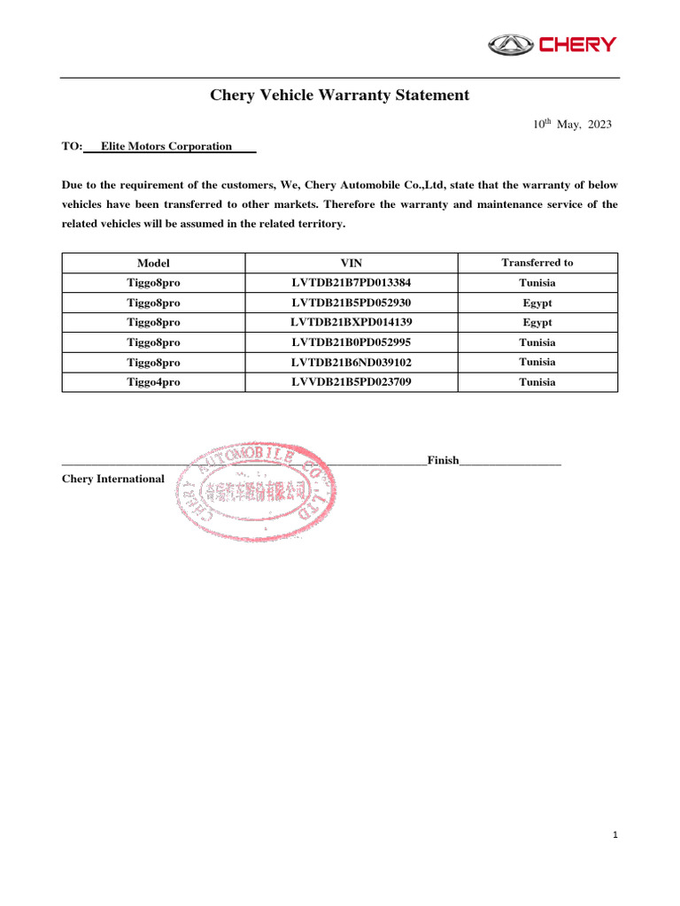 Chery Vehicle Warranty Statement 202305 | PDF