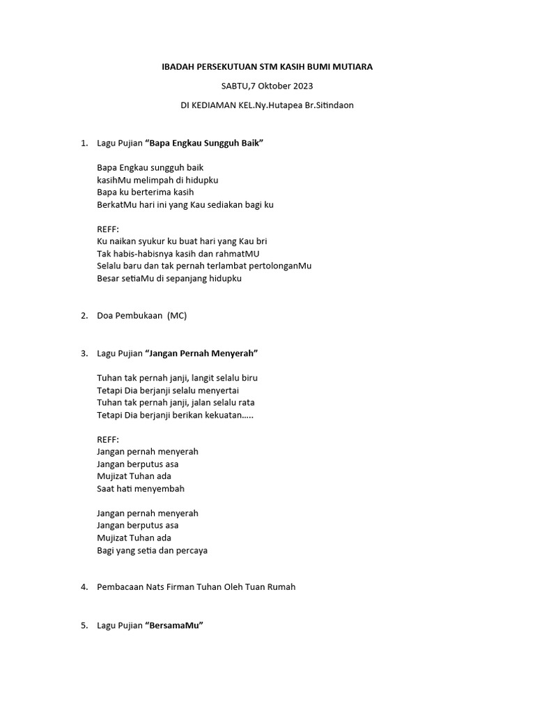 Ibadah Persekutuan STM Kasih Bumi Mutiara | PDF