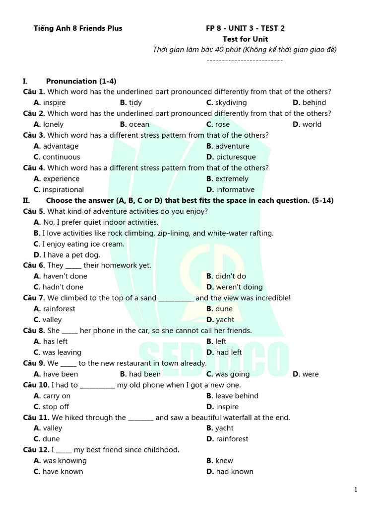 Anh 8 Friend Plus Bài ôn tập học kì I - Unit 3 - Test 2 | PDF ...