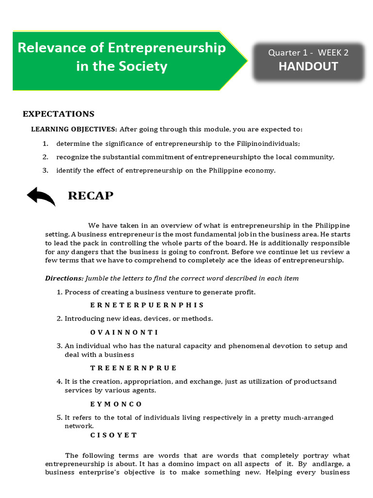 Entrep Handout Wk2 | PDF | Entrepreneurship | Business