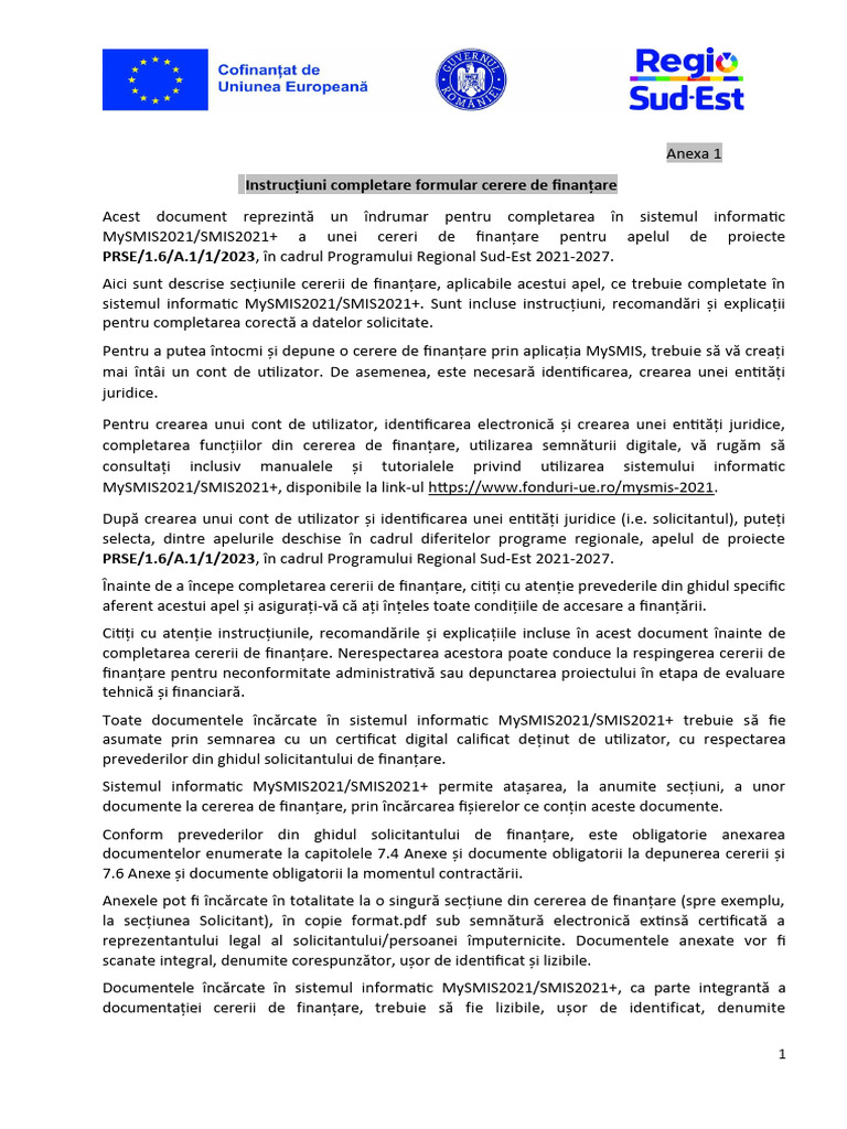 Anexa 1 - Instructiuni de Completare Formular Cerere de Finantare | PDF