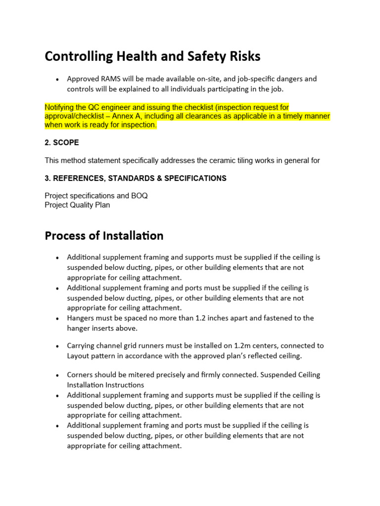 Method Statement For Suspended Ceiling Installation Pdf