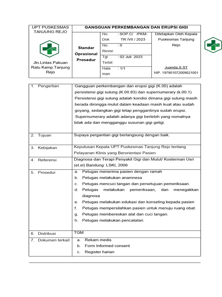 SOP Gangguan Erupsi Gigi Puskesmas | PDF