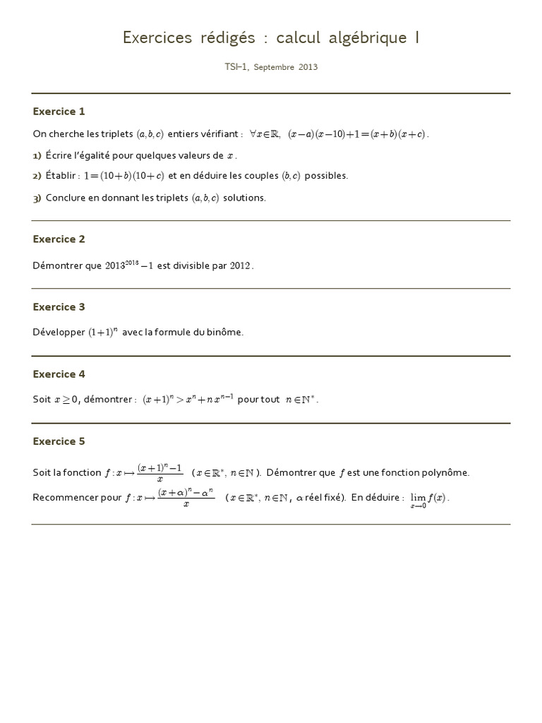 FE02-Exercices Rédigés de Calcul Algébrique I | PDF