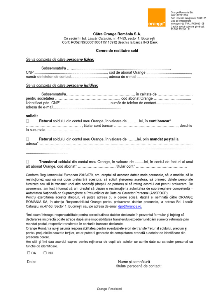 Cerere de Restituire Sold | PDF