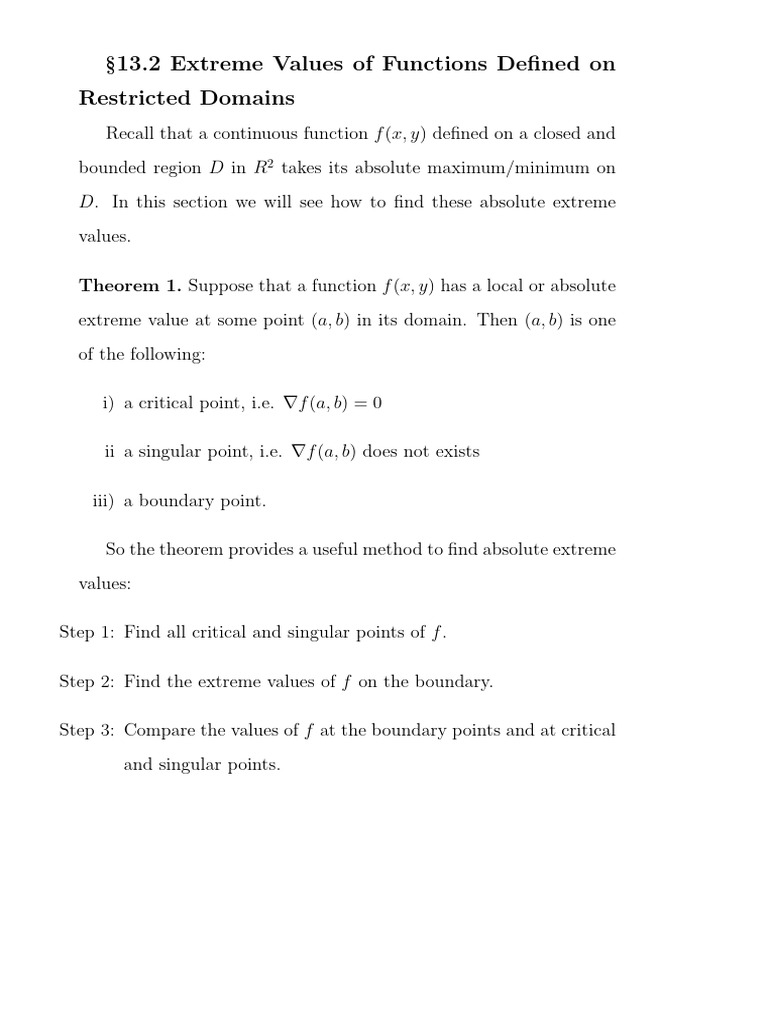 13.2 Extreme Values of Functions Defined On Restricted Domains | PDF
