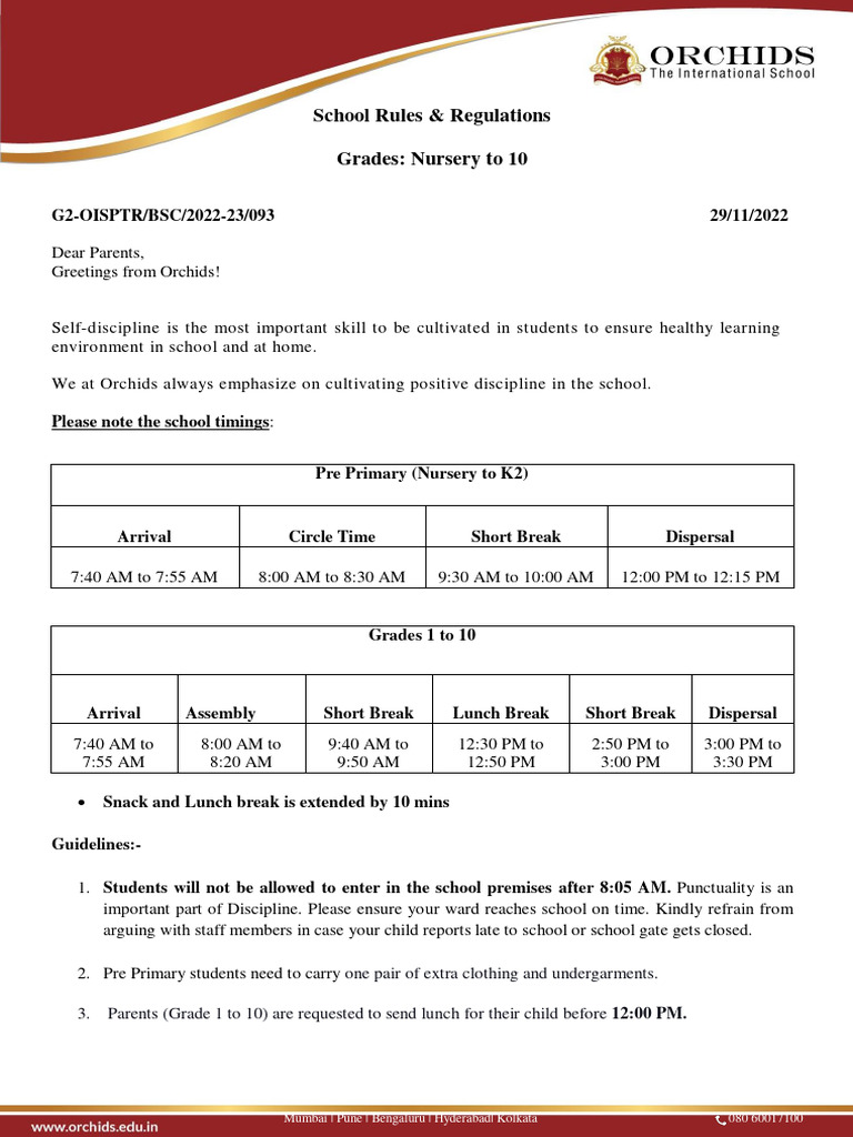 School Rules & Regulations - Grade Nur to 10 | PDF