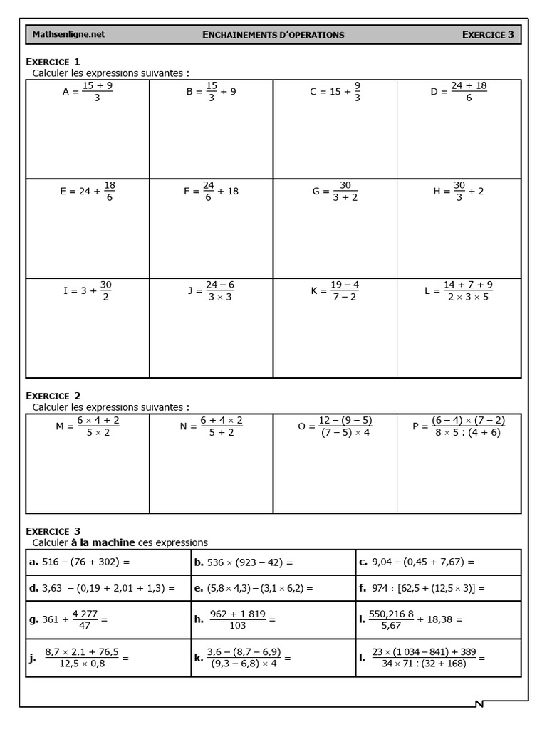 Chap 1 - Exercices 3 - Priorités Opératoires Dans Les Quotients. Calculatrice - CORRIGE | PDF