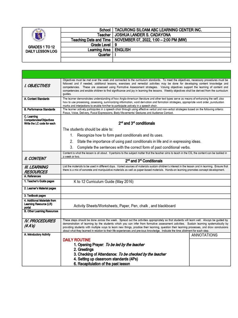 Grade 9 2nd and 3rd Conditionals LP | PDF | Learning | Teachers
