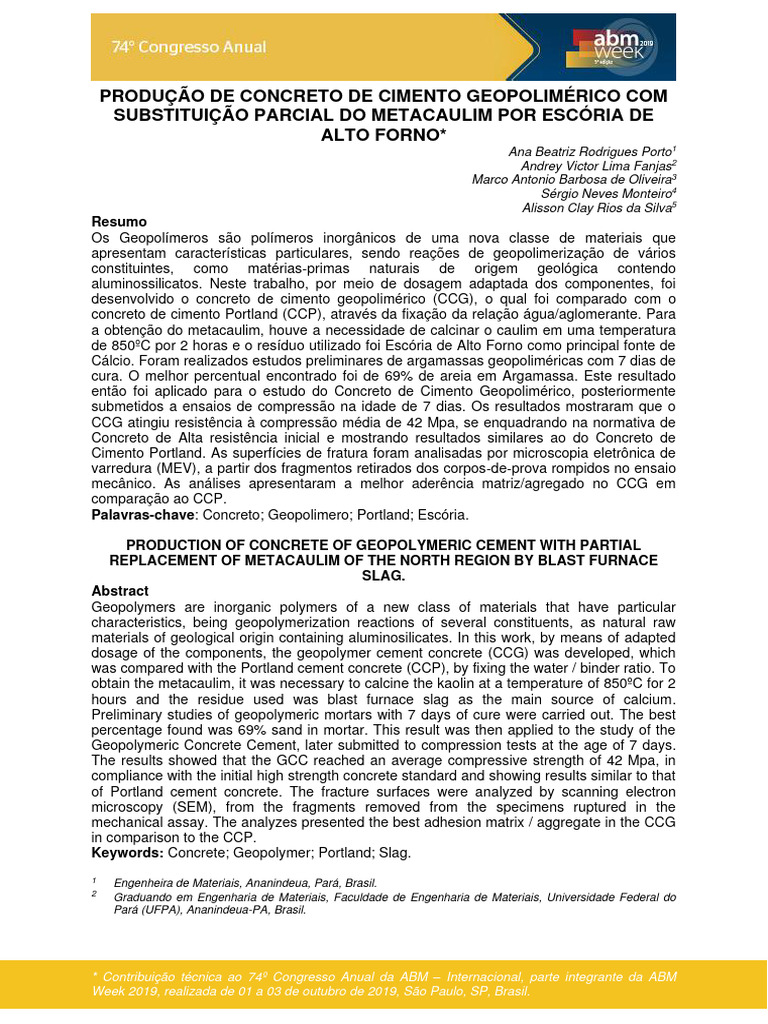 Produção de Concreto de Cimento Geopolimérico Com Substituição Parcial ...