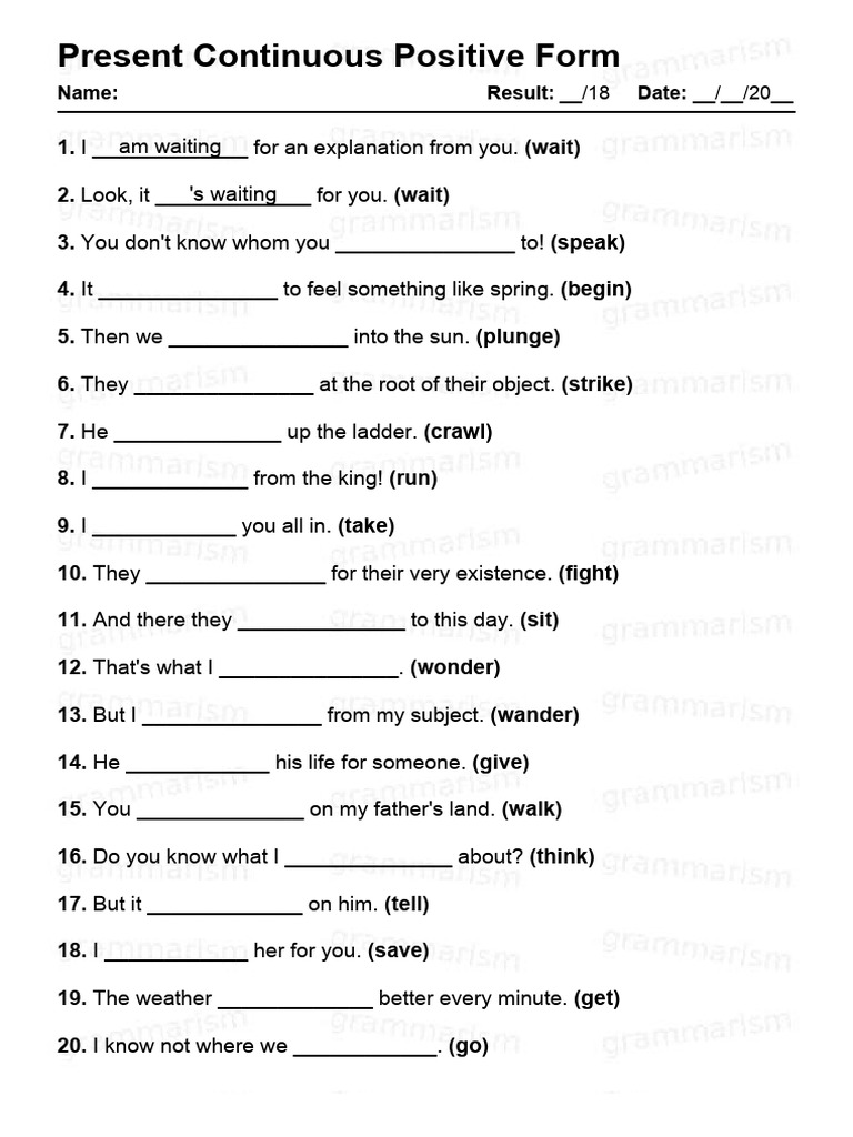 Grammarism Present Continuous Positive Test 2 1799679 | PDF