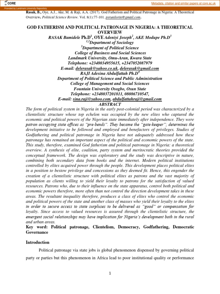 Godfatherism and Political Patronage in Nigeria | PDF | Politics