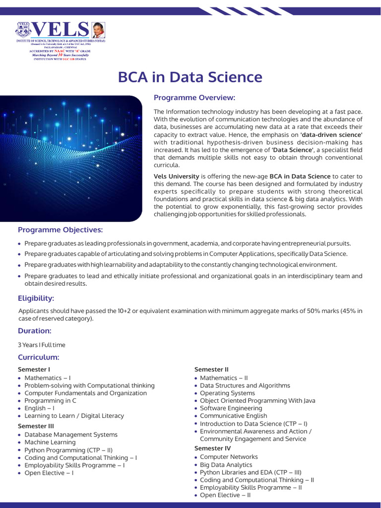 Vels BCA in Data Science | PDF