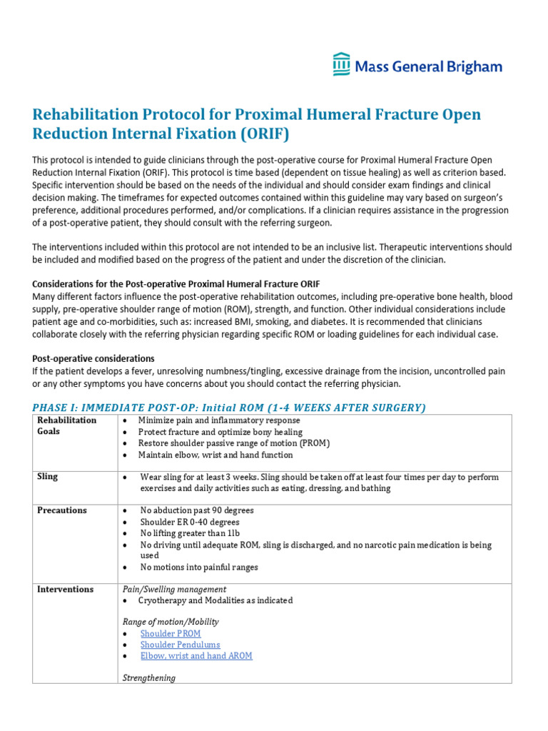 Rehabilitation Protocol For Proximal Humeral Fracture With Orif | PDF