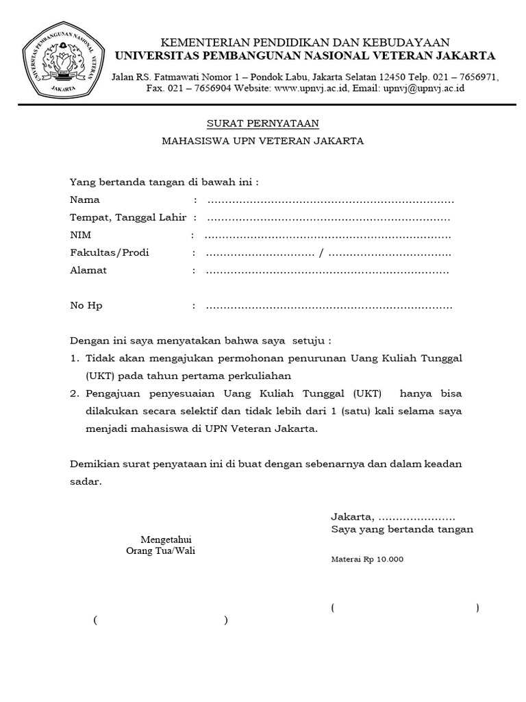 Surat Pernyataan Mahasiswa | PDF
