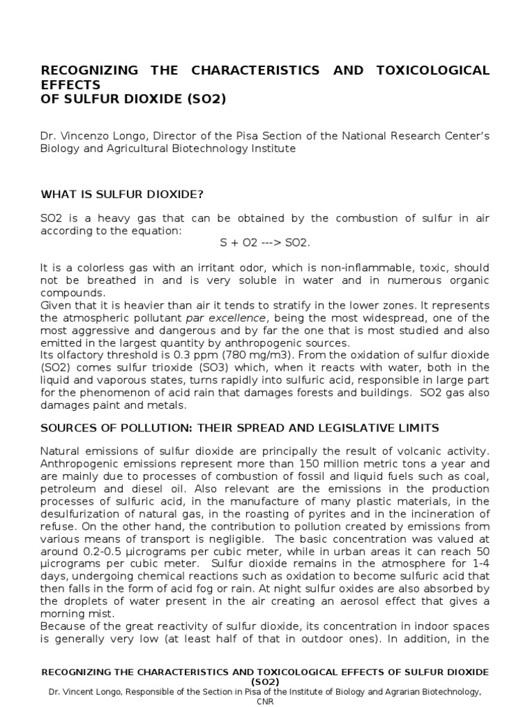 Sulfure Dioxide, Recognizing The Characteristics and Toxicological ...