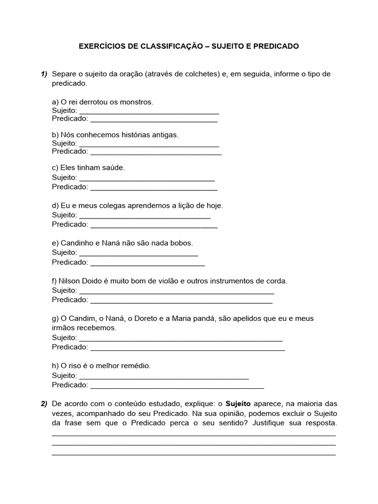 Sujeito e Predicado - Exercícios de Revisão | PDF