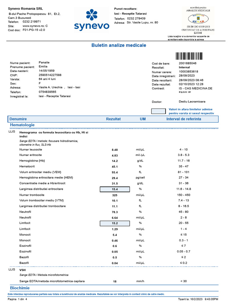Buletin analize sânge final (02.10 | PDF