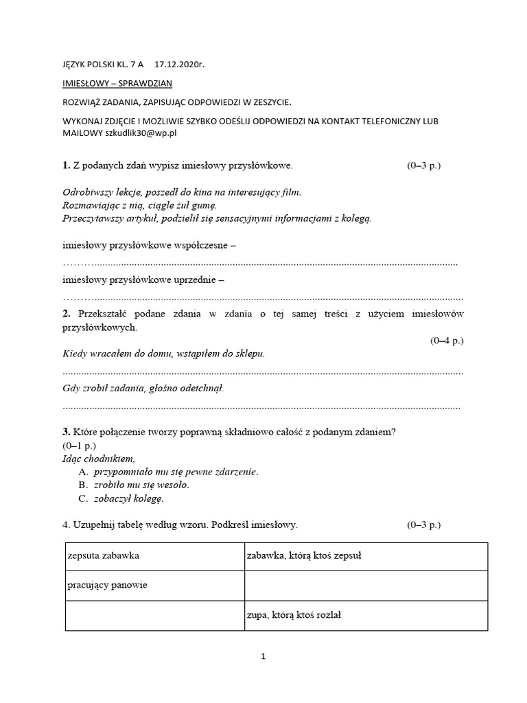 Jezyk Polski - Kl7 - A - Sprawdzian - Imieslowy | PDF
