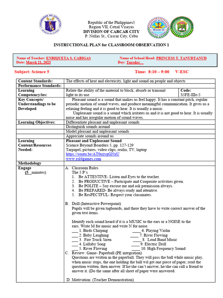 Pleasant vs. Unpleasant Sounds Lesson | PDF