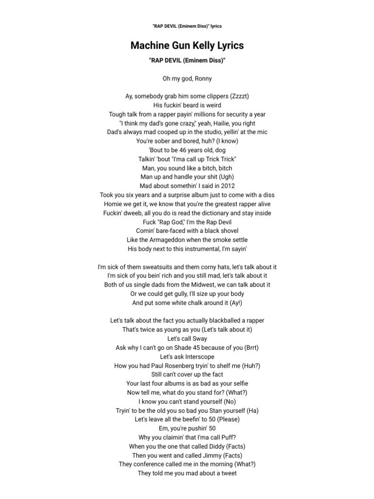 Machine Gun Kelly - RAP DEVIL (Eminem Diss) Lyrics | PDF